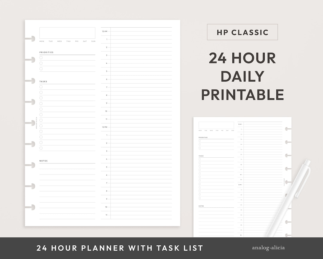 HP Classic 24 Hour Daily Printable Planner Insert | Hourly Time ...