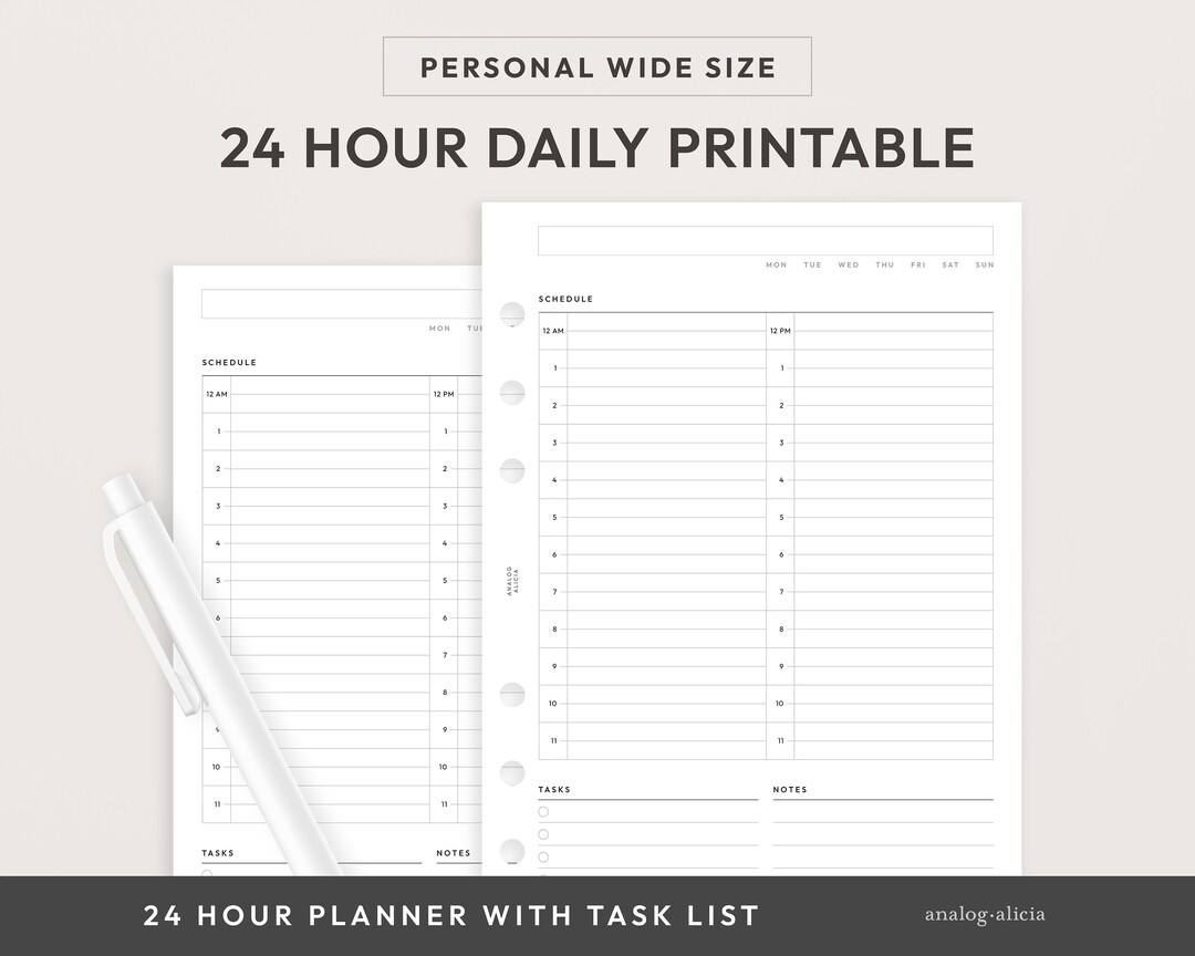 Personal Wide 24 Hour Daily Printable Planner Insert | Hourly Time ...