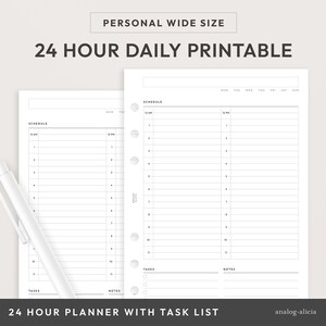 Personal Wide 24 Hour Daily Printable Planner Insert | Hourly Time ...