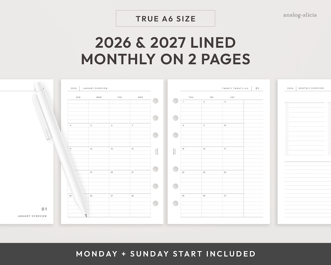 A6 2026 & 2027 Lined Month on 2 Page Printable Planner Insert | Monday ...
