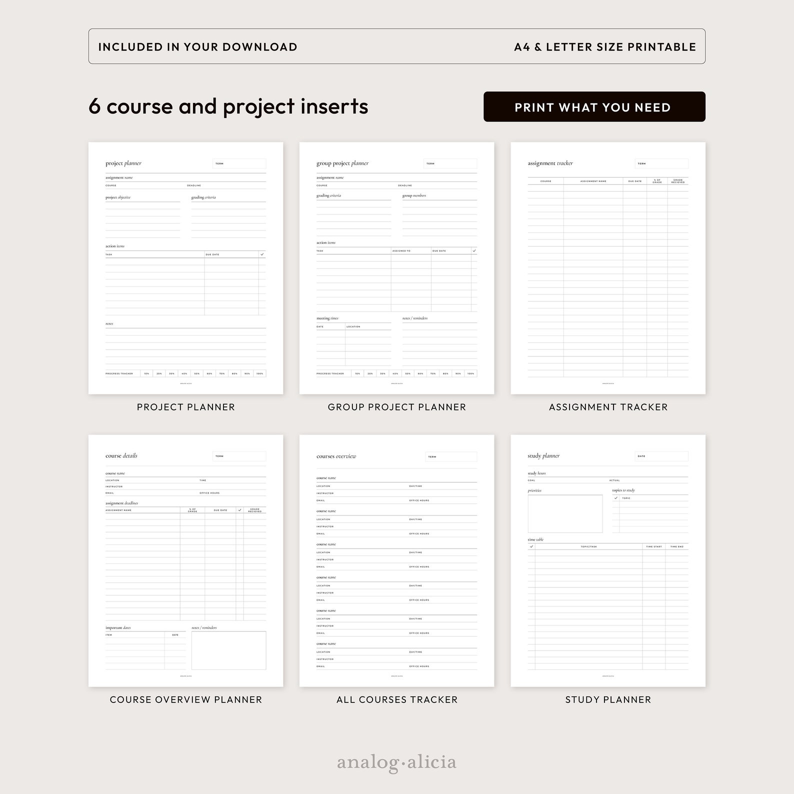 Undated Academic Planner Printable Bundle – Set of 15 | College Student ...