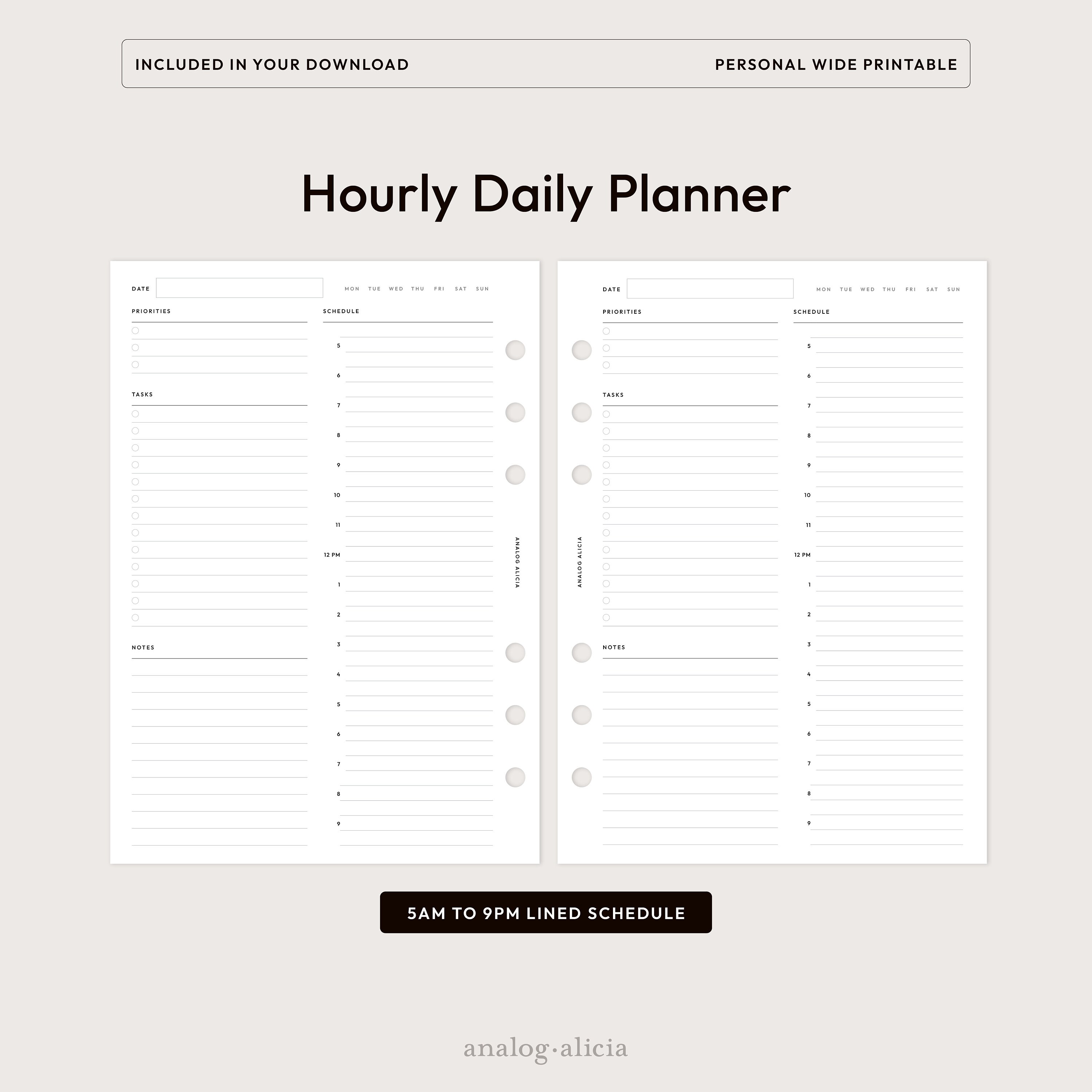 Personal Wide Hourly Daily Printable Planner Insert | Hourly Routine ...