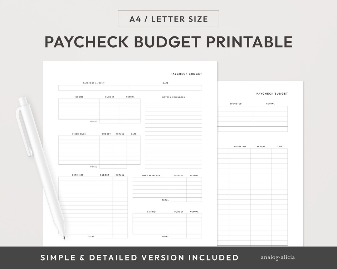 A4 / Letter Size Budget by Paycheck Printable in 2 Versions – Simple ...