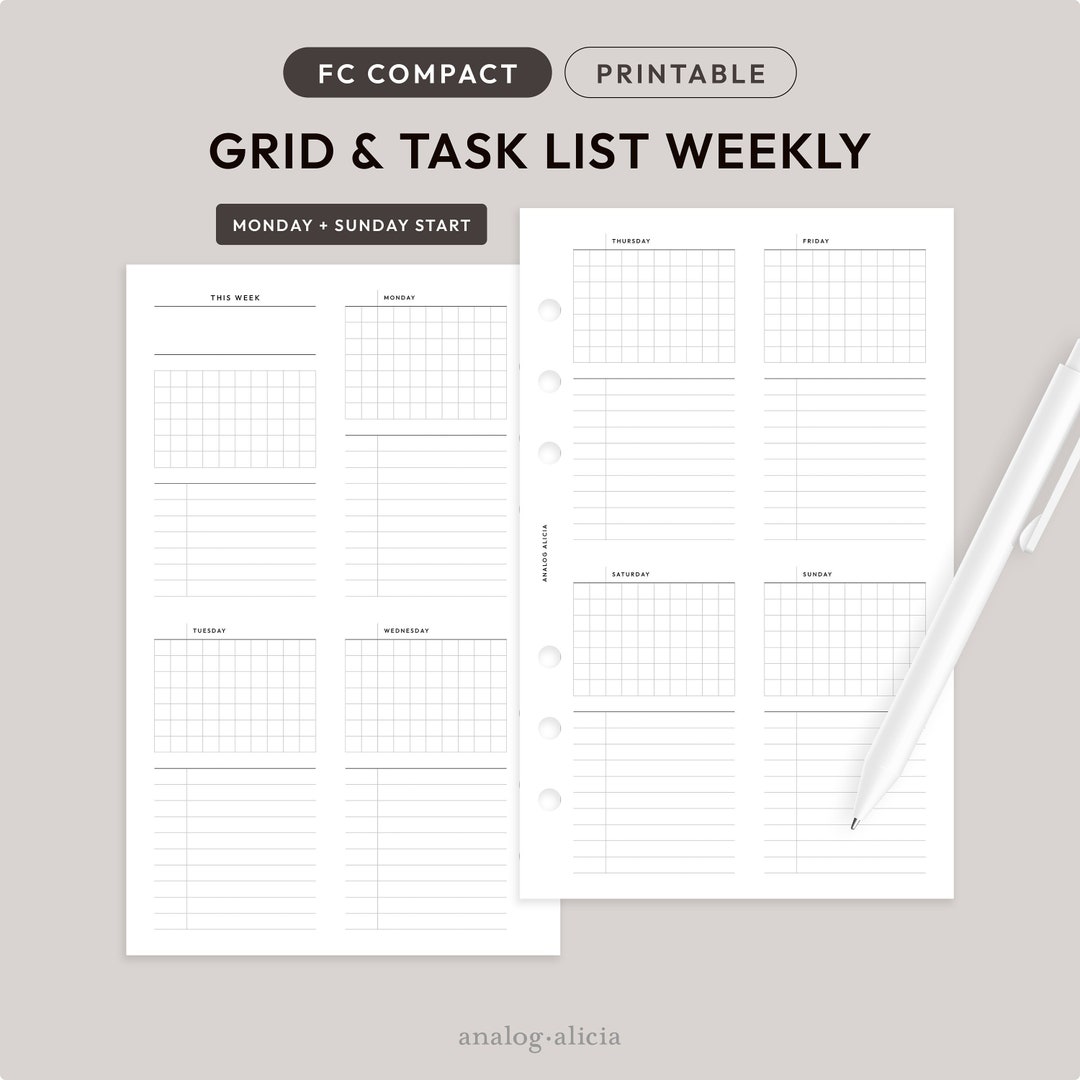 FCC Week on 2 Pages No.1 – Grid and Task List Weekly Planner Printable ...