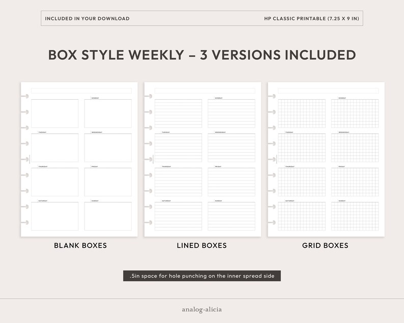 HP Classic Box Style Week on 1 Page Weekly Printable Planner Inserts ...