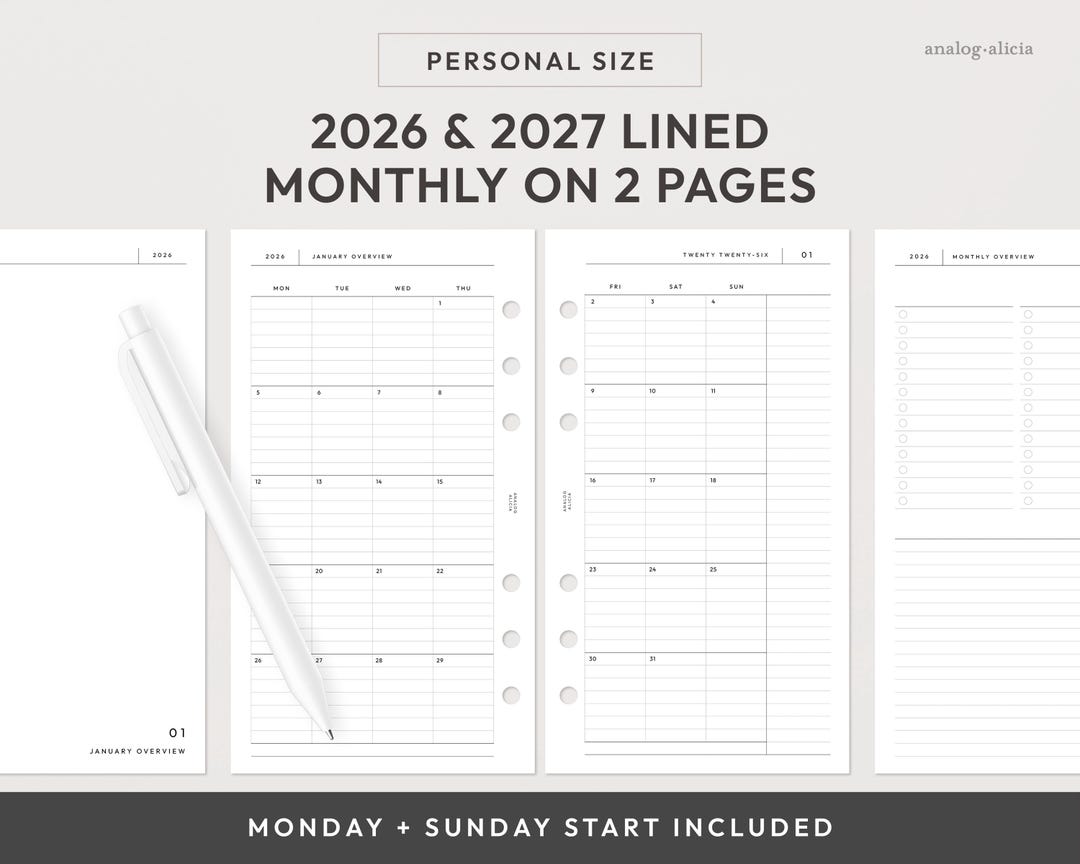 Personal 2026 & 2027 Lined Month on 2 Page Printable Planner Insert ...