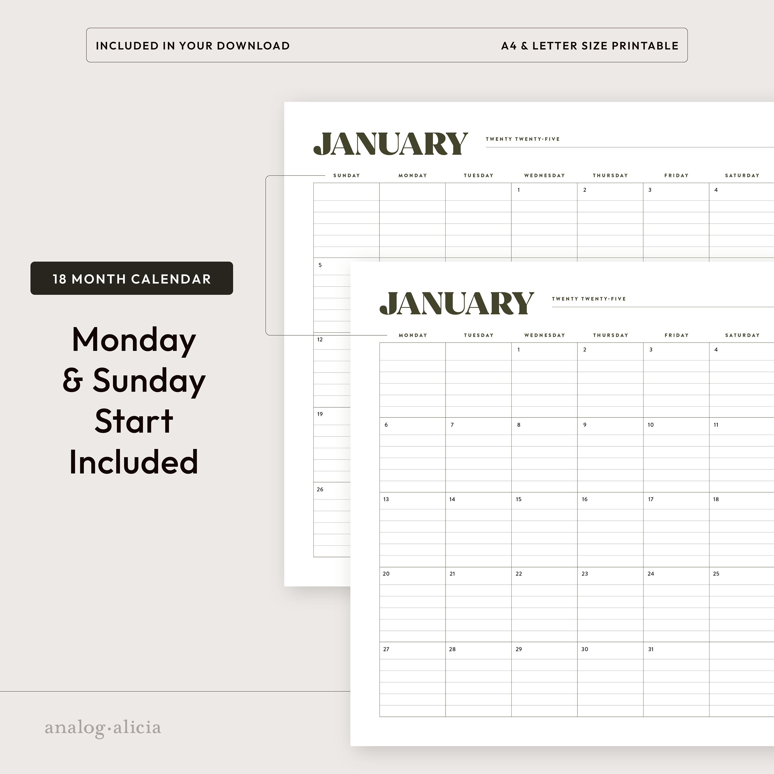 Lined Monthly Calendar Printable 2024-25 Mid-year Boho Landscape ...