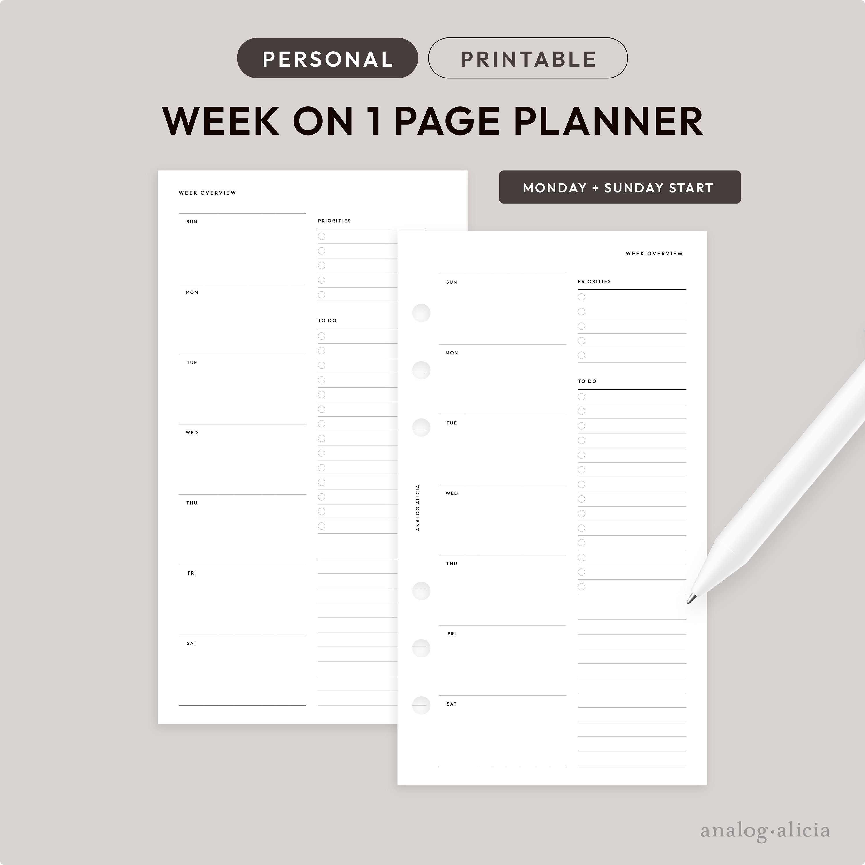 Personal Minimalist Week on 1 Page Printable Planner Insert | Weekly ...