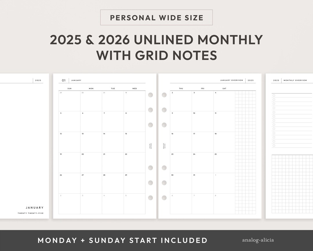 Personal Wide 2025 & 2026 Dated Month on Two Pages Printable Planner ...
