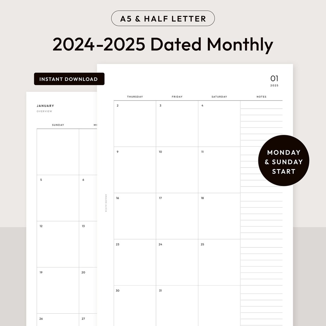 A5/half Letter 2024 & 2025 Month on Two Pages Printable Calendar A5 ...