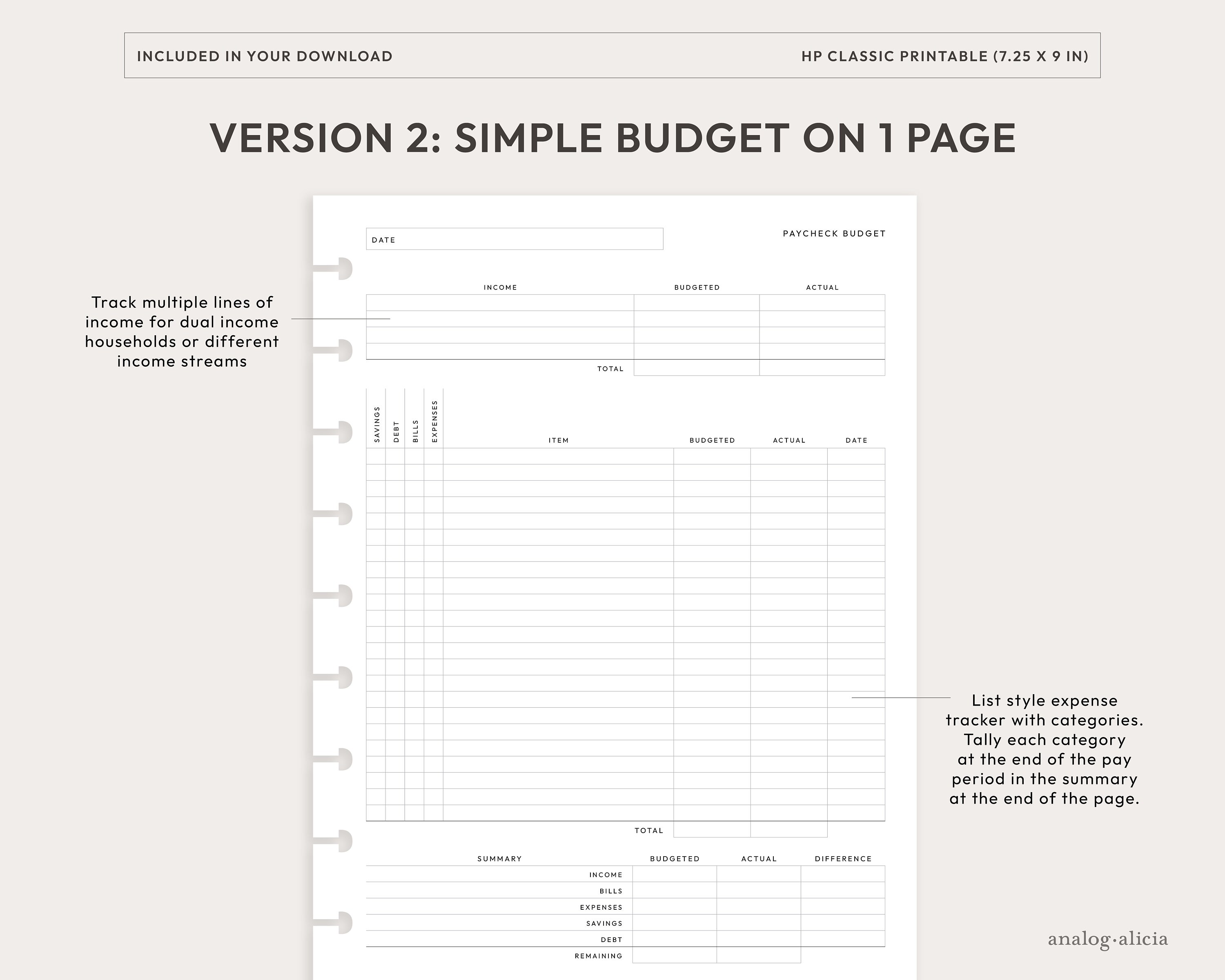 HP Classic Budget by Paycheck Printable in 2 Versions – Simple ...
