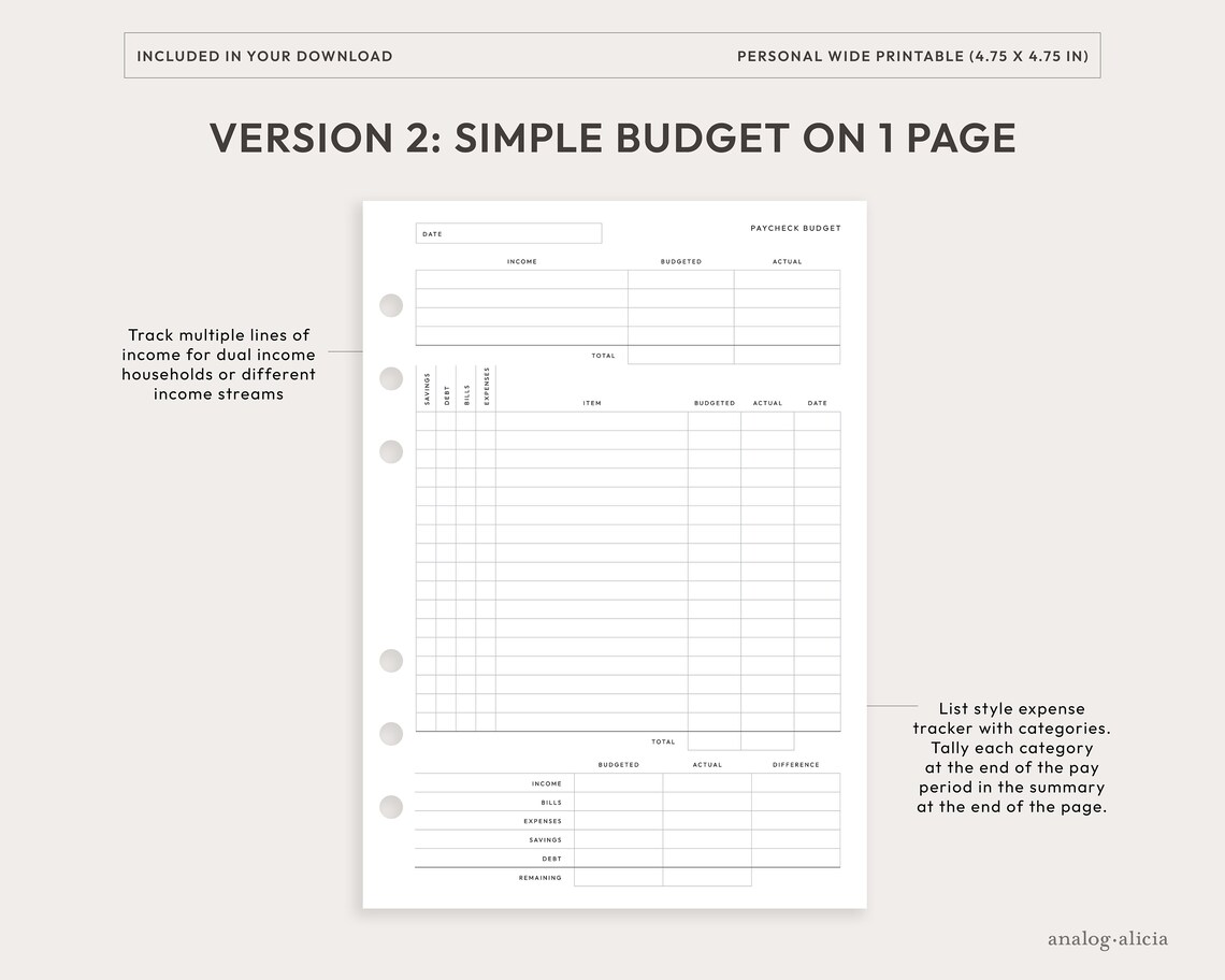 Personal Wide Budget by Paycheck Printable in 2 Versions – Simple and ...