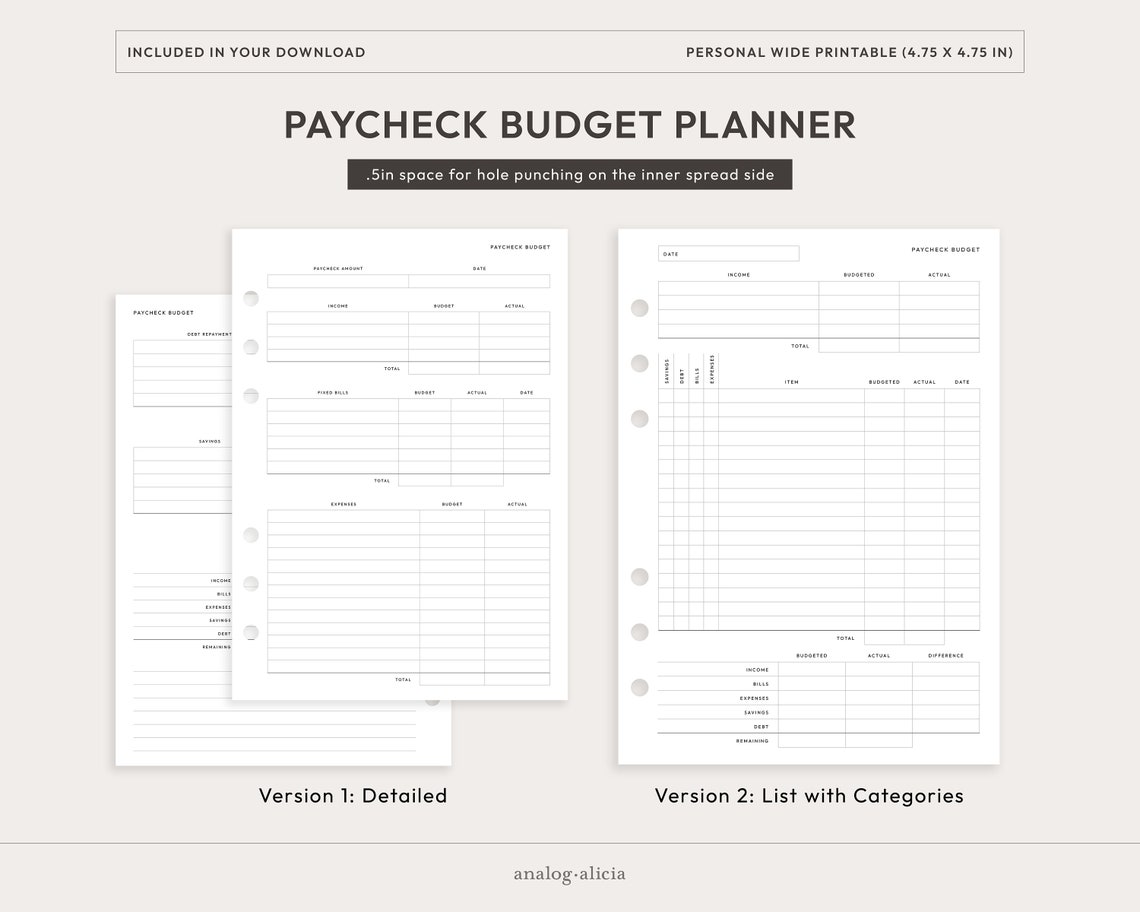 Personal Wide Budget by Paycheck Printable in 2 Versions – Simple and ...