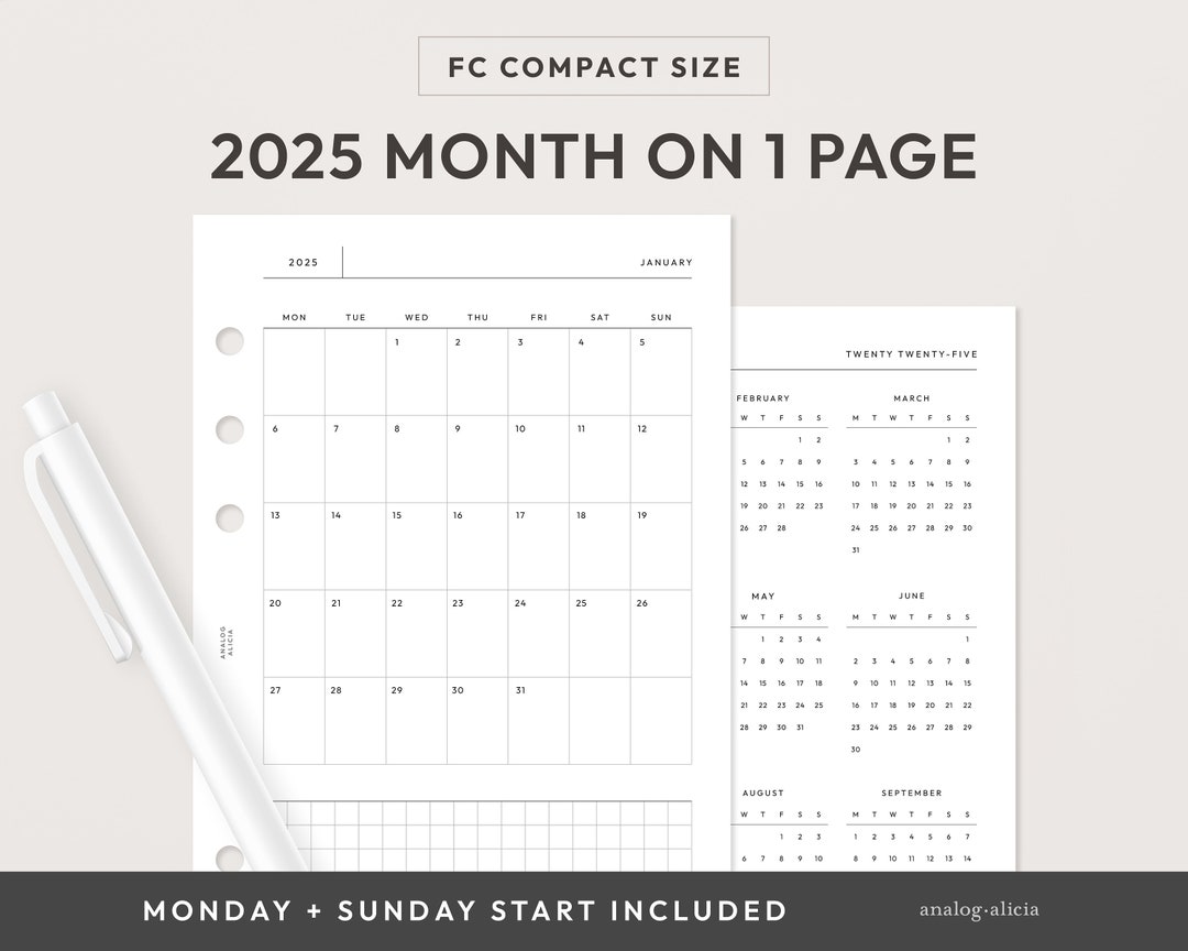 FCC 2025 Month on 1 Page Printable Planner Insert | Minimalist Grid ...