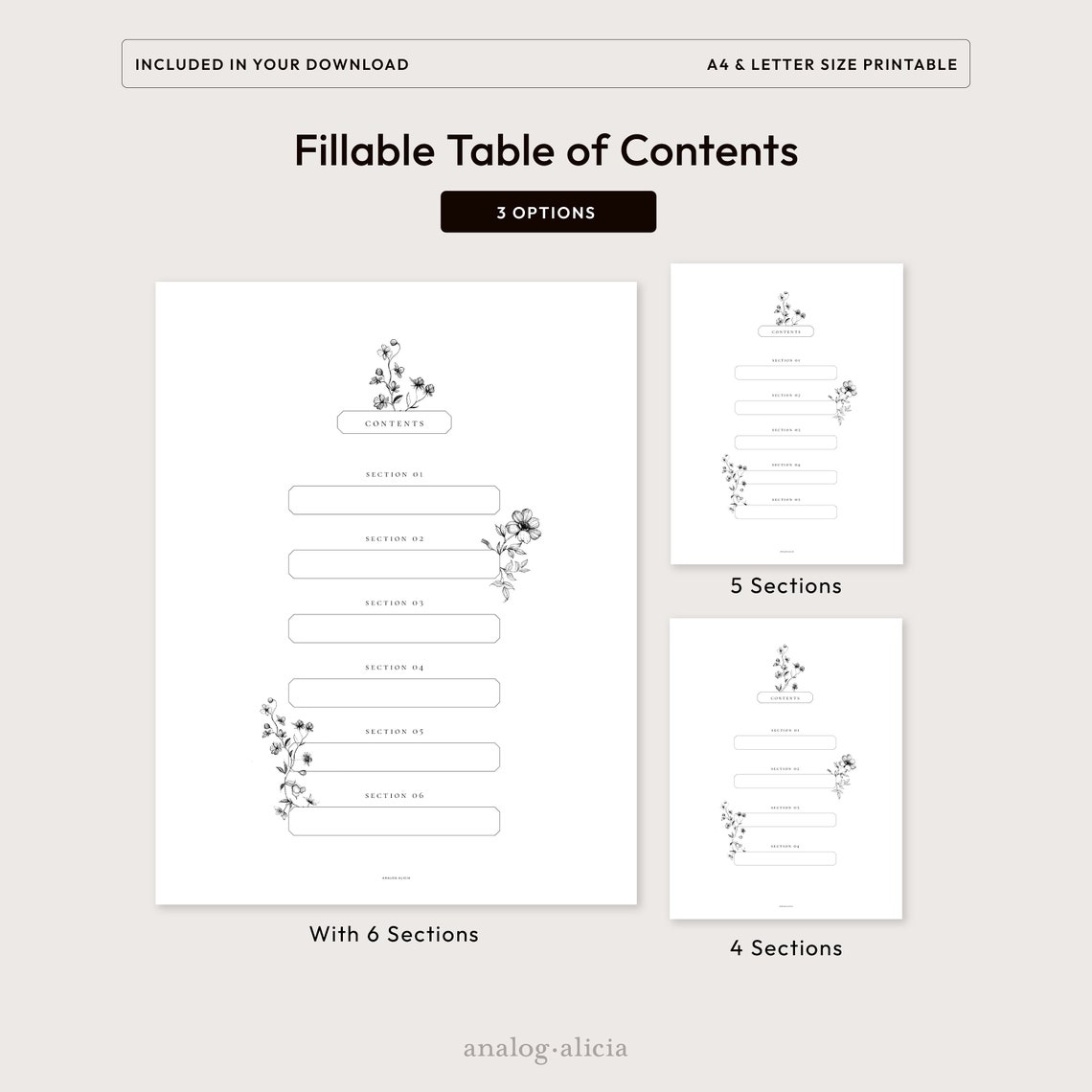 A4/letter Fillable Floral Section Covers and Editable Table of Contents ...