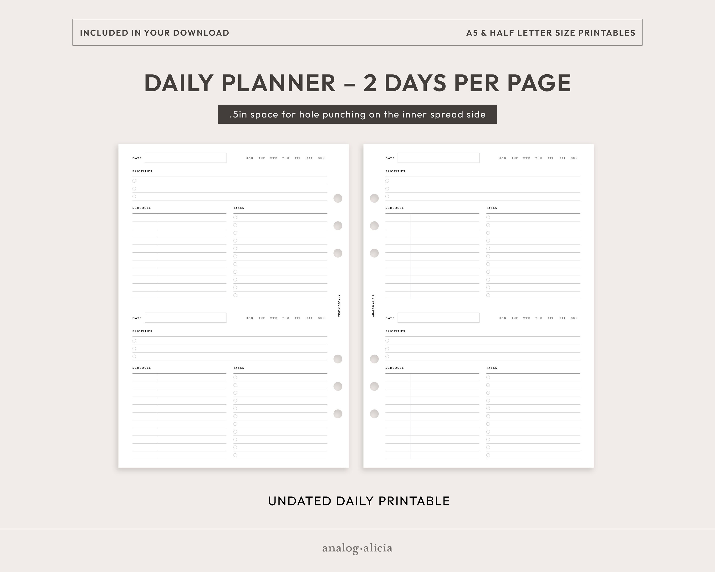 A5/half Letter 2 Days per Page Daily Printable With Schedule and Task ...