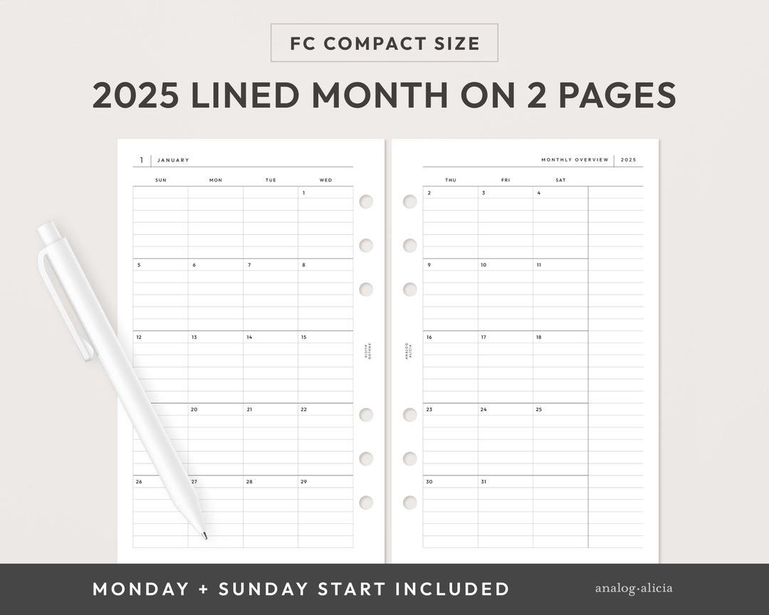 FCC 2025 Lined Month on 2 Page Printable Planner | Dated 2 Page Monthly ...