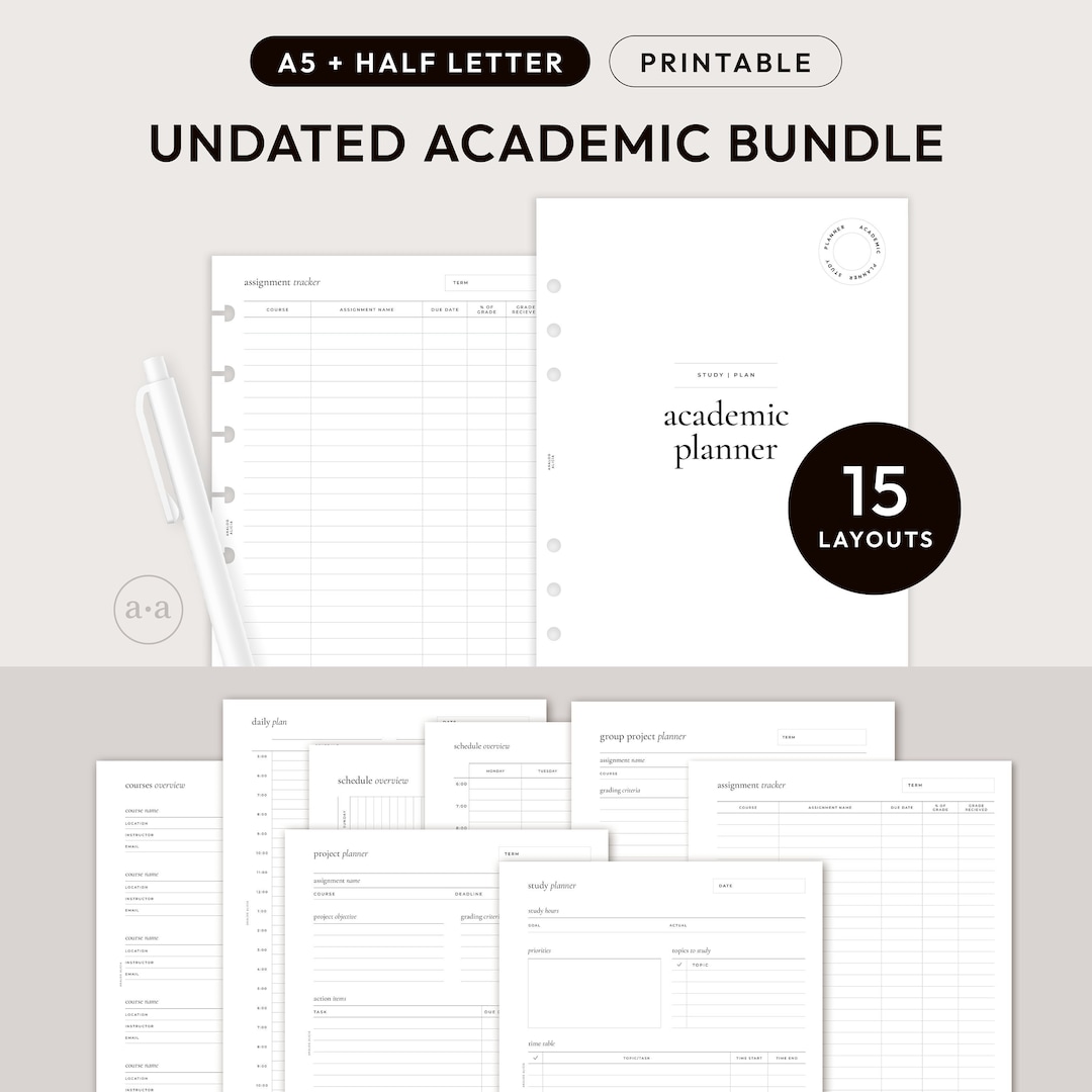 A5/half Letter Undated Academic Planner Printable Bundle – Set of 15 ...