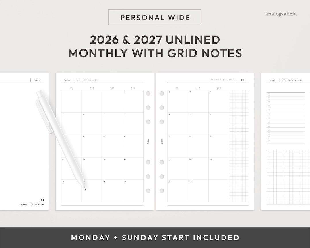 Personal Wide 2026 & 2027 Month on Two Pages Planner Printable ...