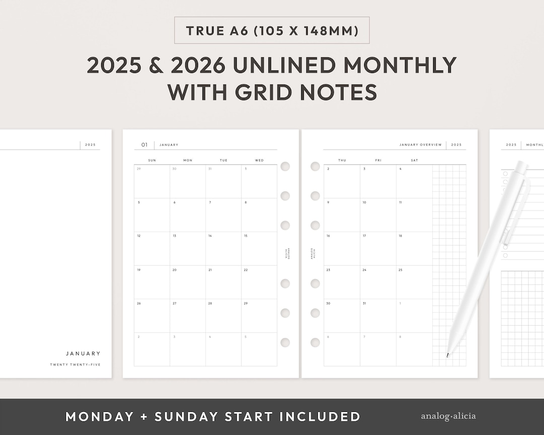 A6 2025 & 2026 Dated Month on Two Pages Printable Planner Insert ...