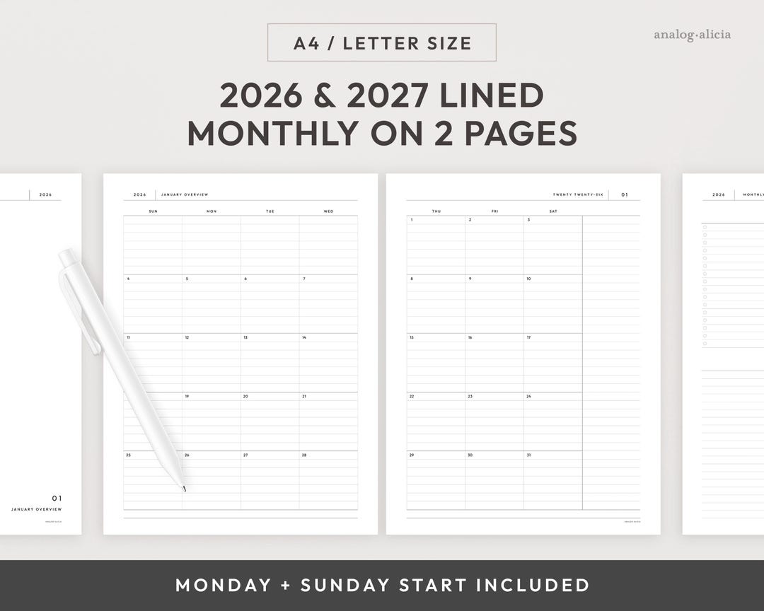 A4/letter Size 2026 & 2027 Lined Month on 2 Page Printable Planner ...