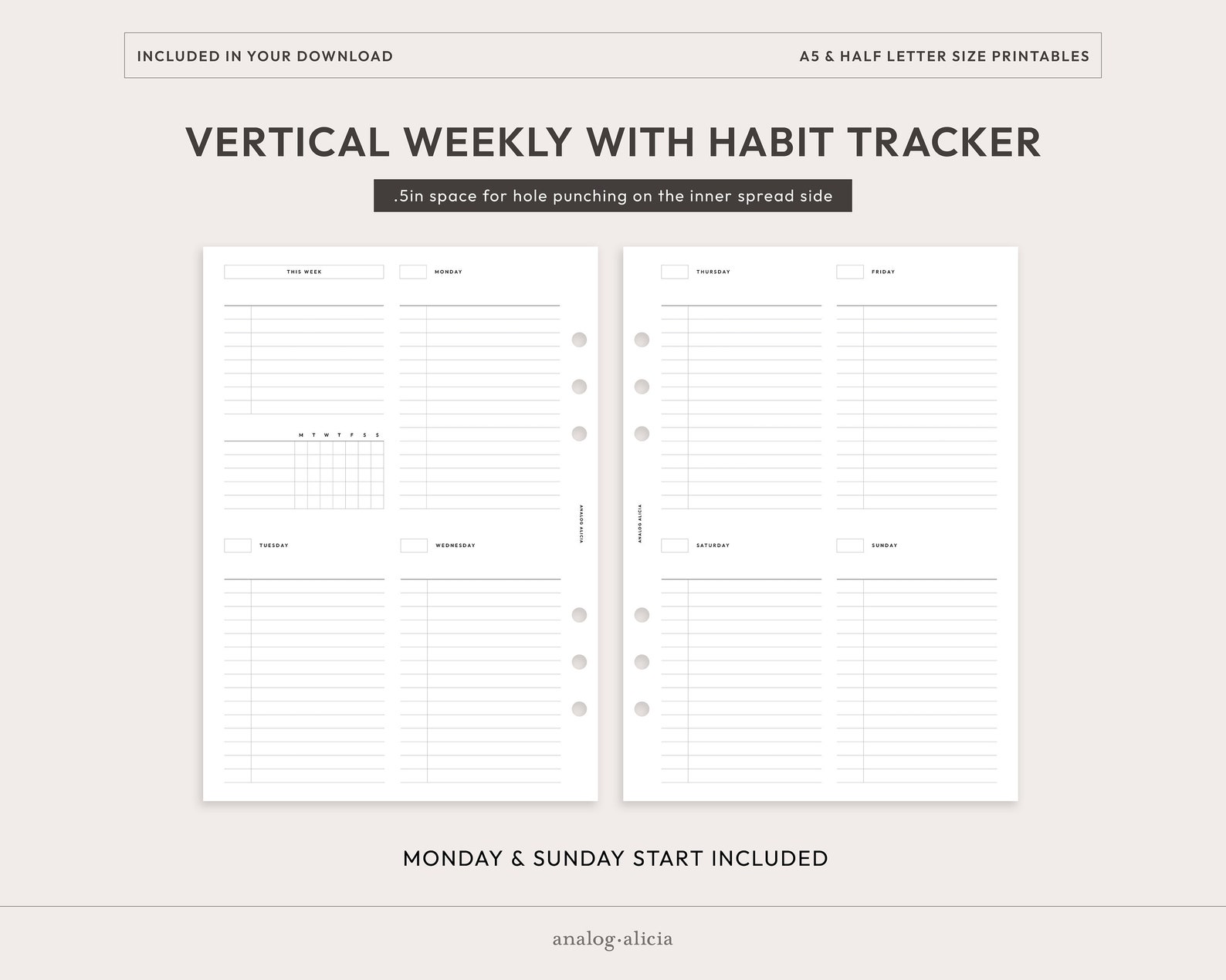 A5 / Half Letter Week on 2 Pages Vertical List Style Weekly With Habit ...