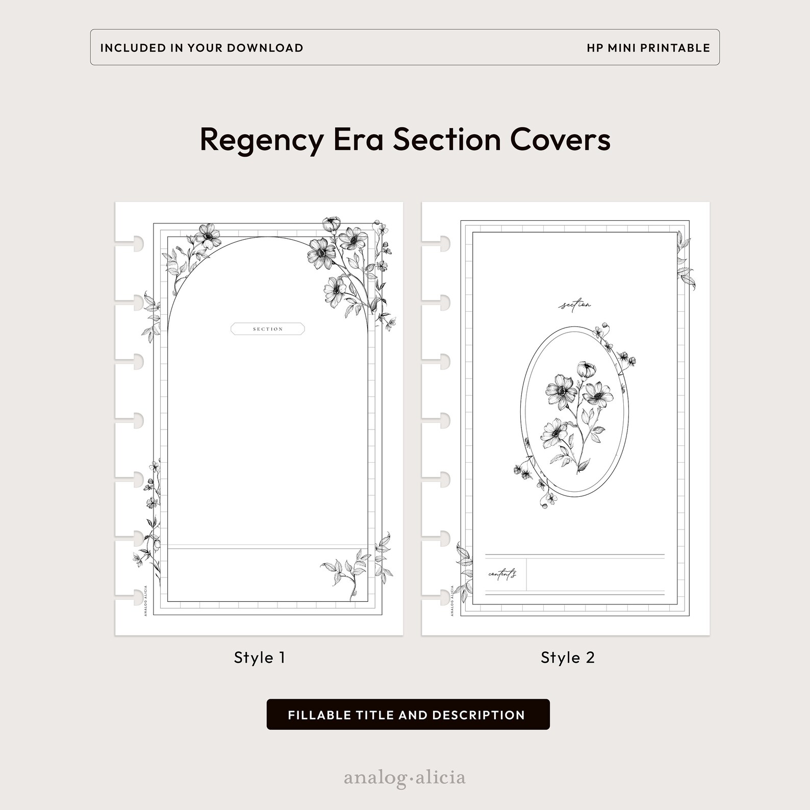 HP Mini Fillable Floral Section Covers and Editable Table of Contents ...