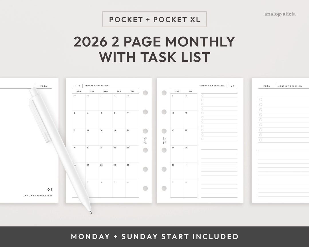 Pocket/pocket XL 2026 2 Page Monthly With Task List Planner Printable ...