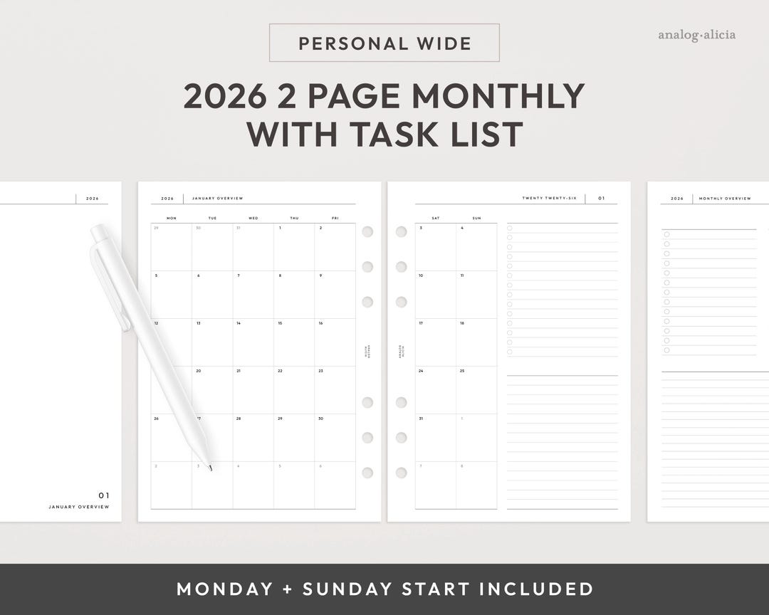 Personal Wide 2026 2 Page Monthly With Task List Planner Printable ...
