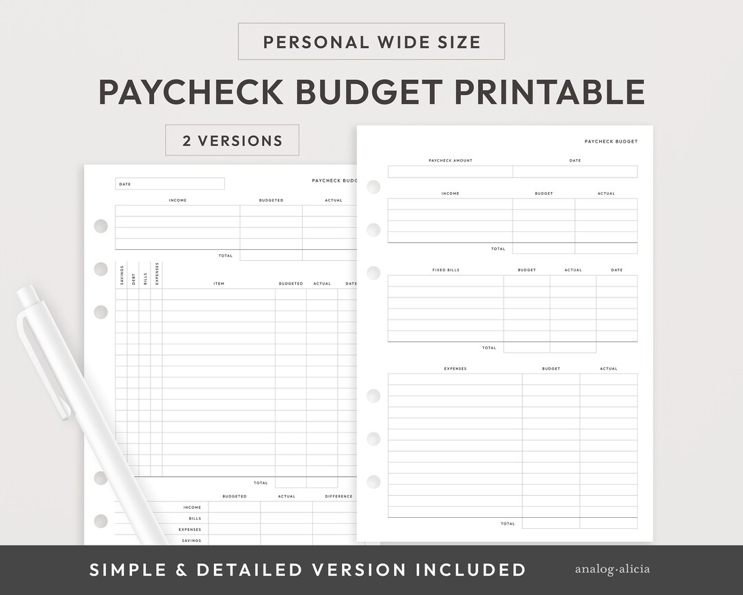 Personal Wide Budget by Paycheck Printable in 2 Versions – Simple and ...