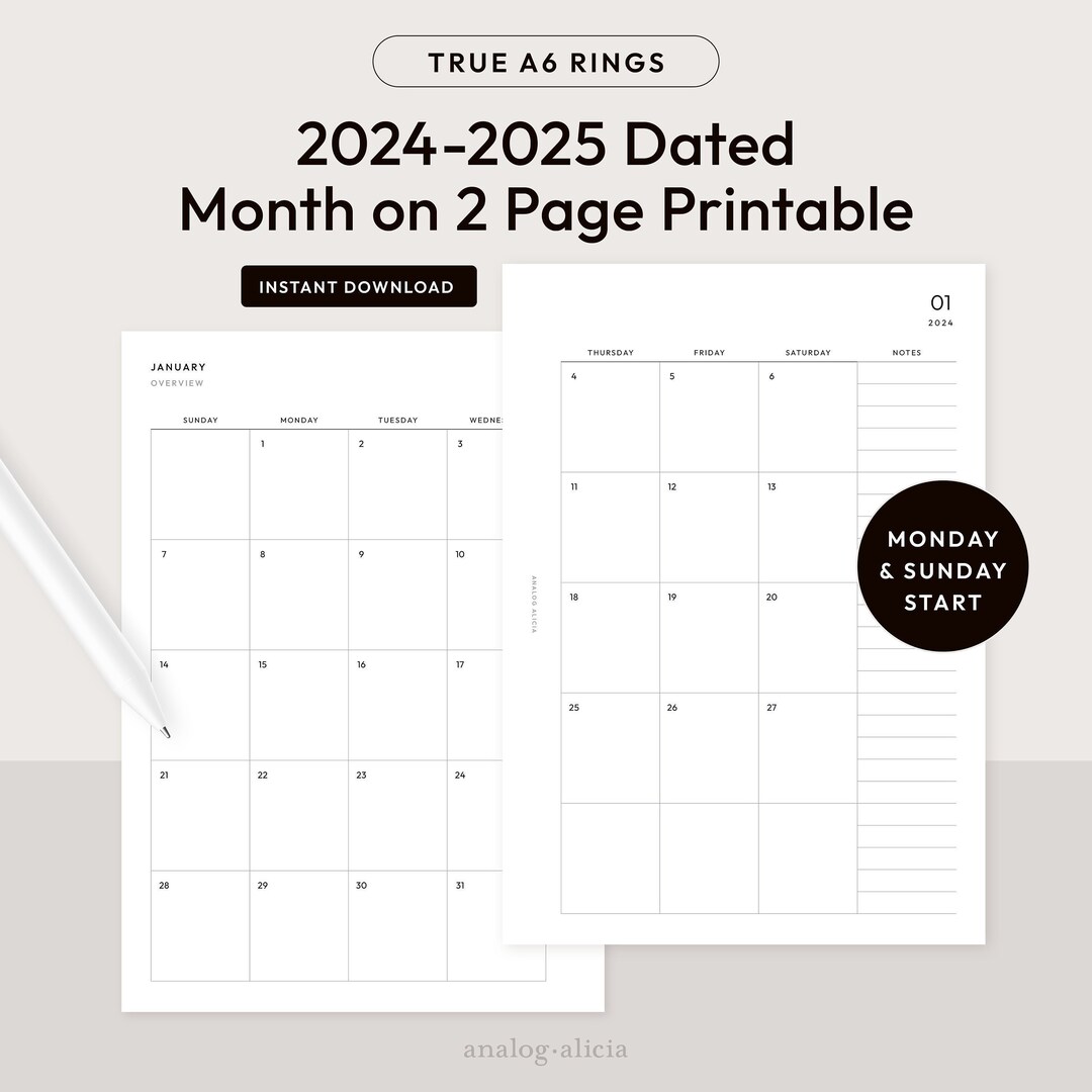 2024-2025 A6 Minimalist Monthly Planner Printable Insert Month on Two ...