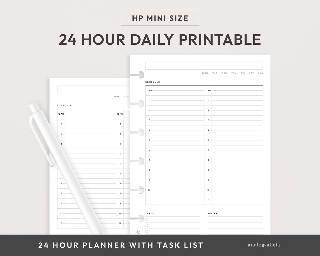 HP Mini 24 Hour Daily Printable Planner Insert | Hourly Time Blocking ...