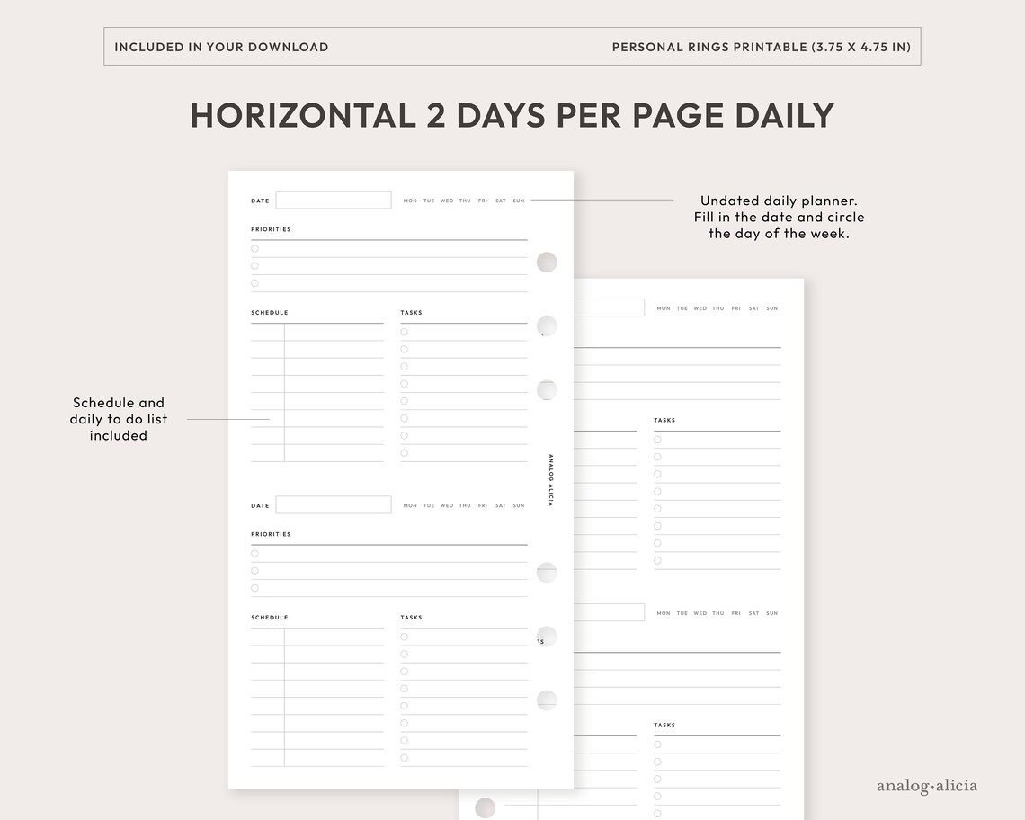 Personal 2 Days per Page Daily Printable With Schedule and Task List ...