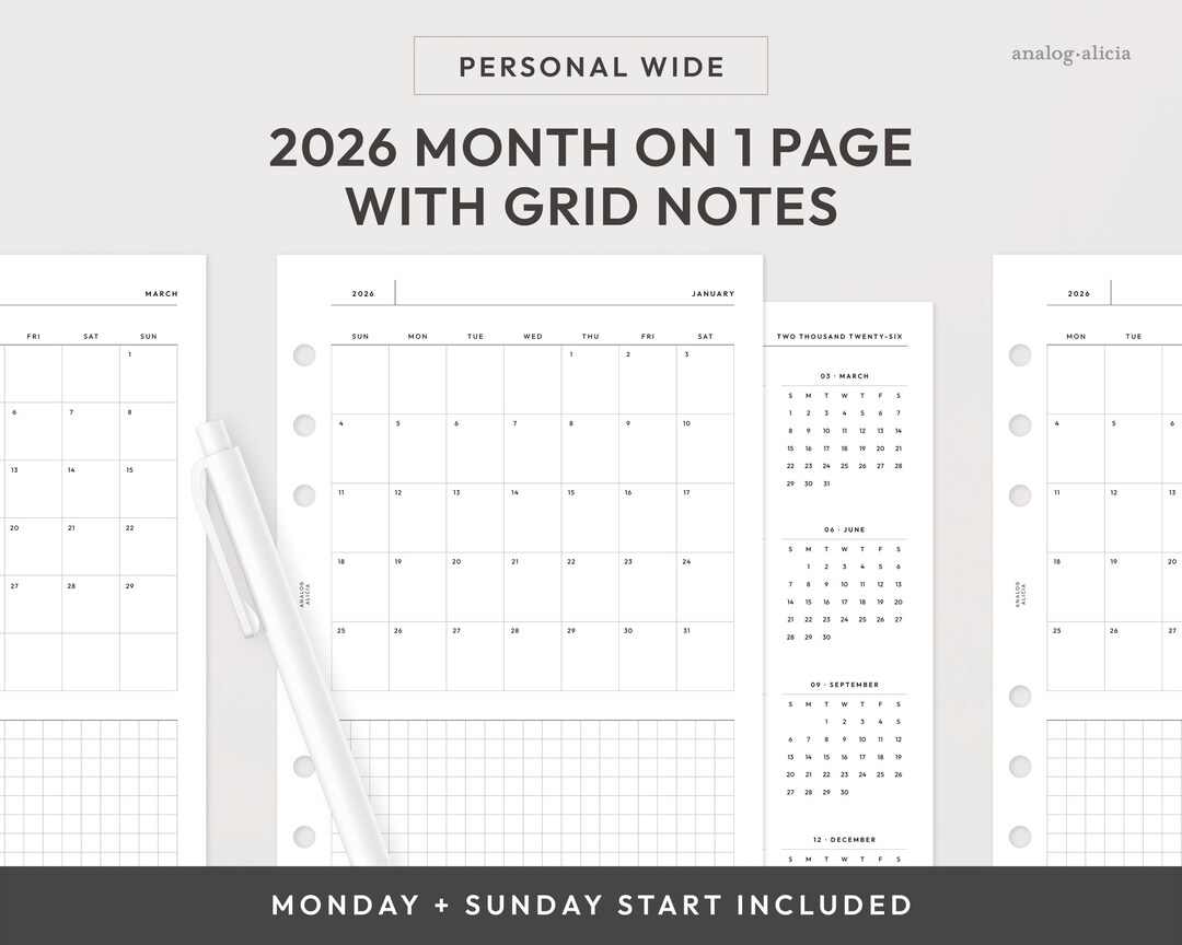 Personal Wide 2026 Month on 1 Page Printable Planner Insert | Monday ...