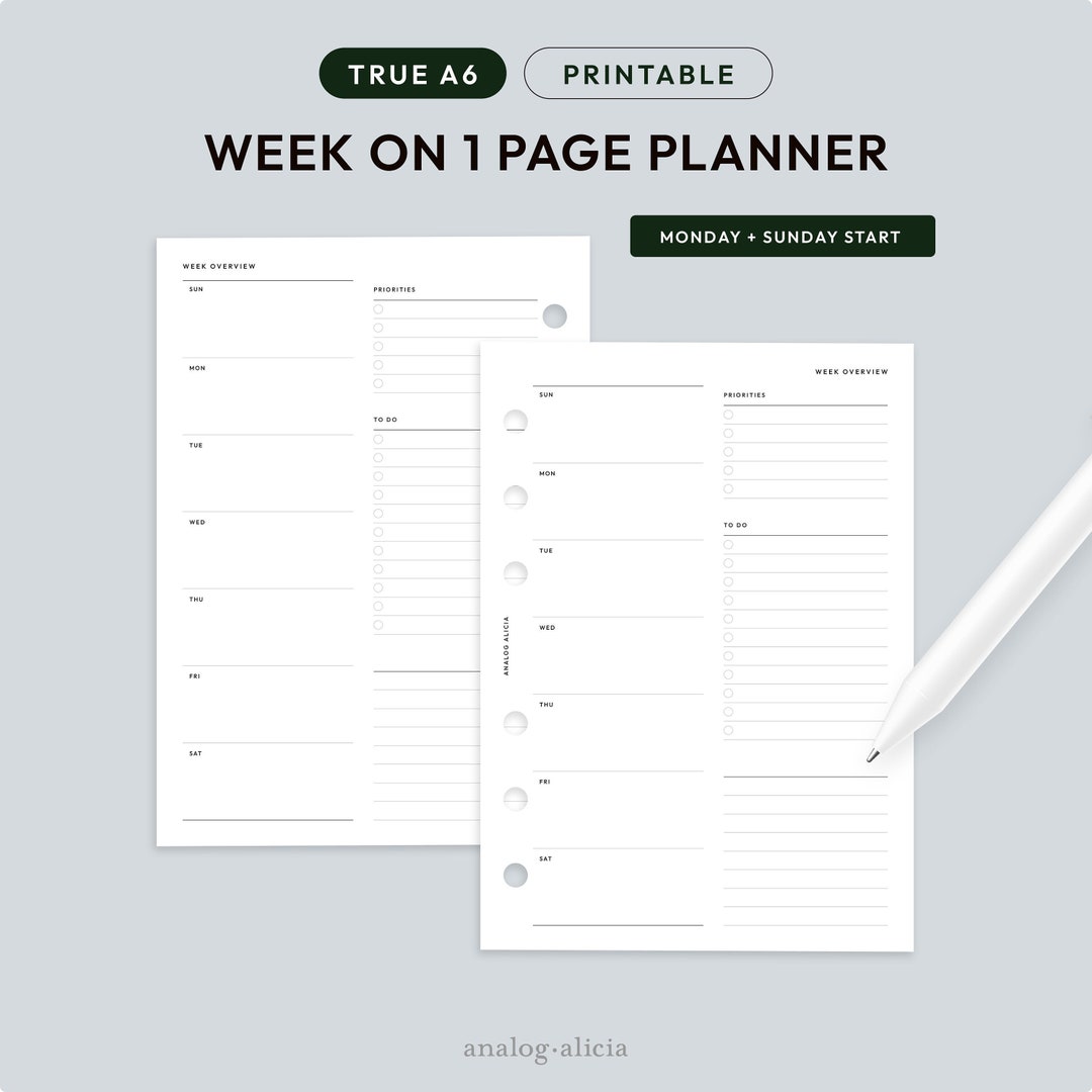 A6 Minimalist Week on 1 Page Printable Planner Insert | Weekly ...