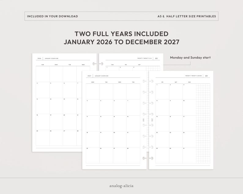 A5/half Letter 2026 & 2027 Month on Two Pages Planner Printable ...