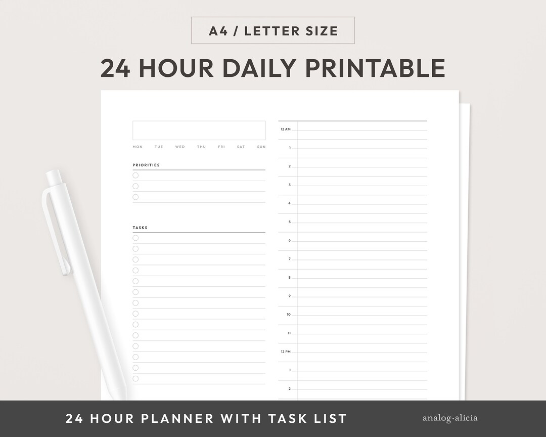 24 Hour Daily Printable Planner Insert | Hourly Time Blocking Planner ...