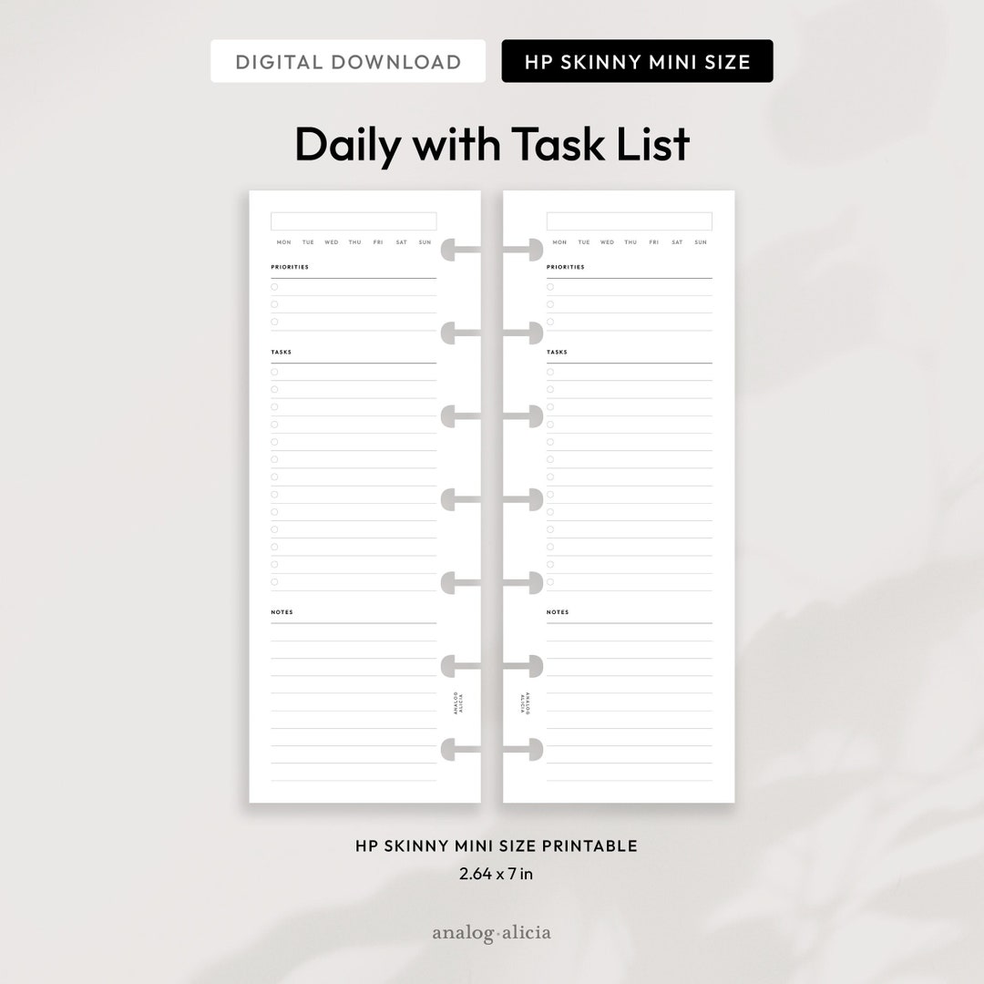 HP Skinny Mini Daily on 1 Page With Task List Printable Planner Insert ...