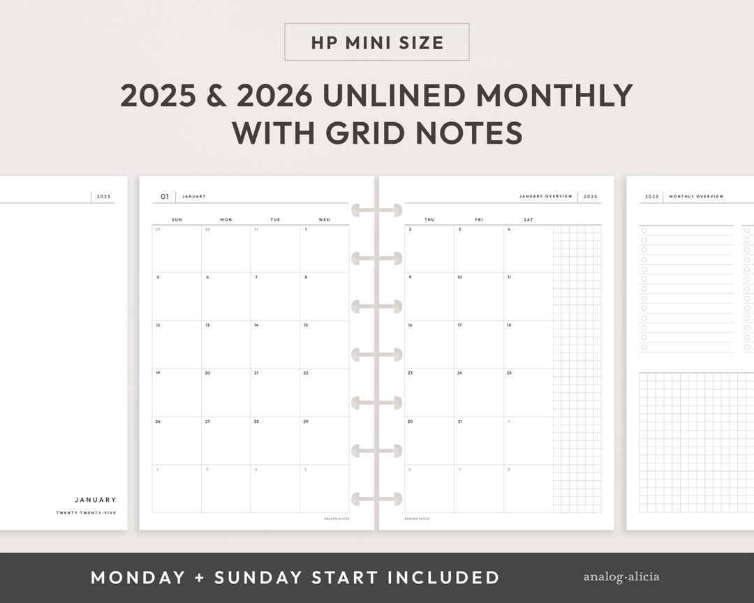 HP Mini 2025 & 2026 Dated Month on Two Pages Printable Planner Insert ...