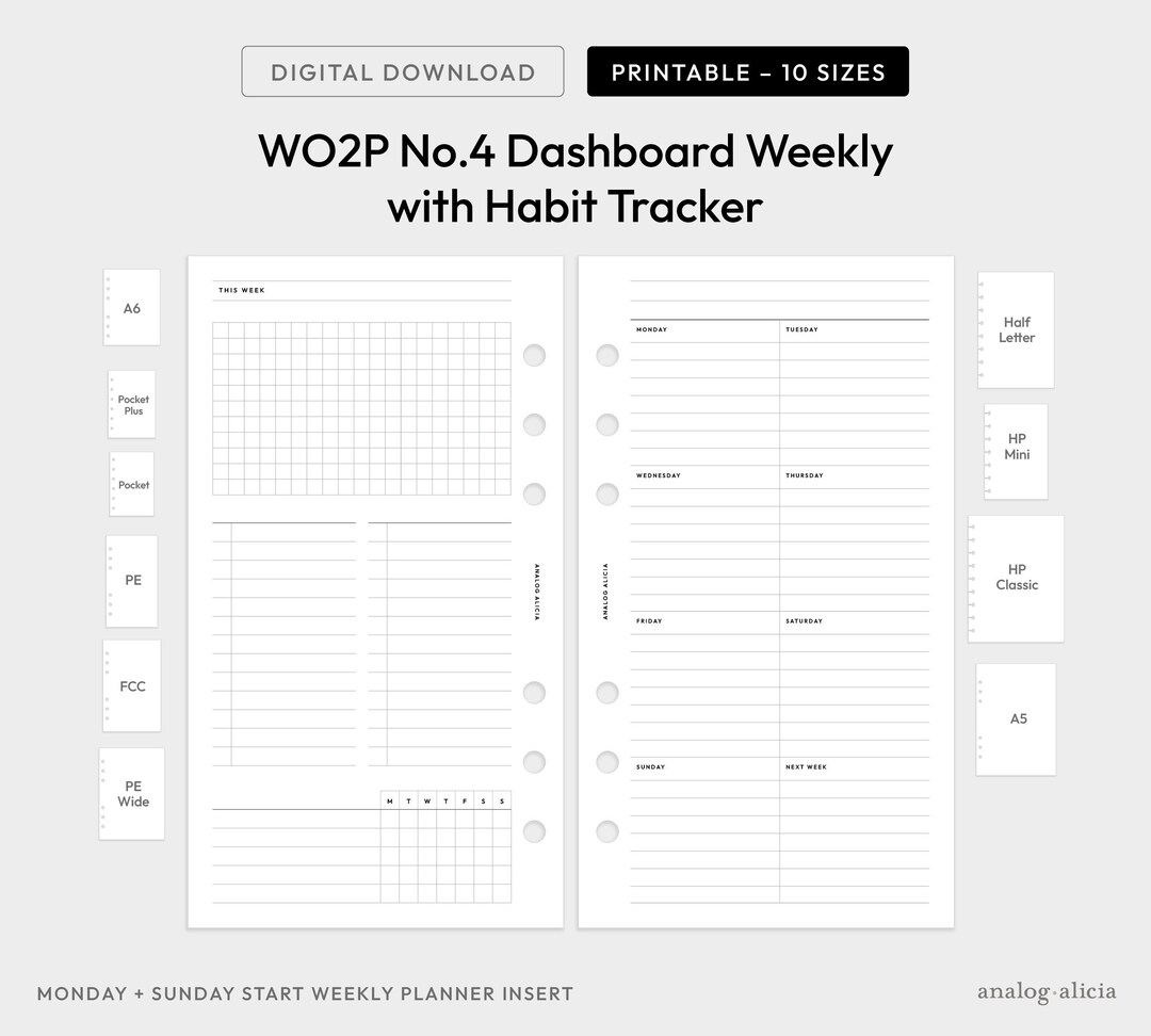 Weekly Dashboard Layout Printable Insert | A5, Half Letter, A6, Personal/personal Wide, FCC ...