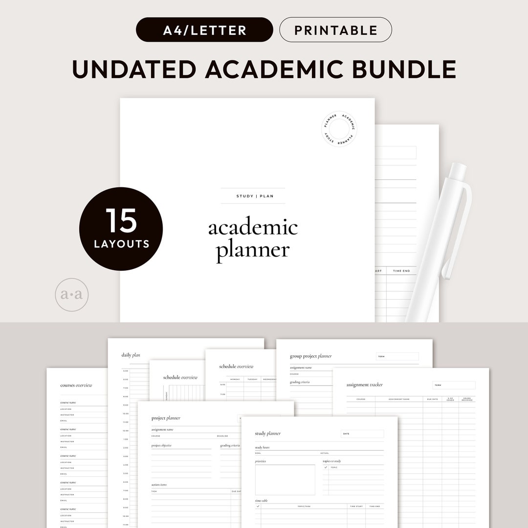Undated Academic Planner Printable Bundle – Set of 15 | College Student ...