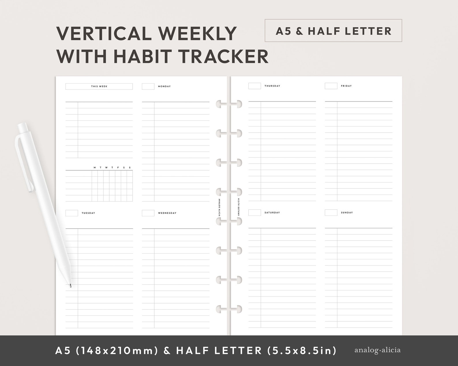 A5 / Half Letter Week on 2 Pages Vertical List Style Weekly With Habit ...