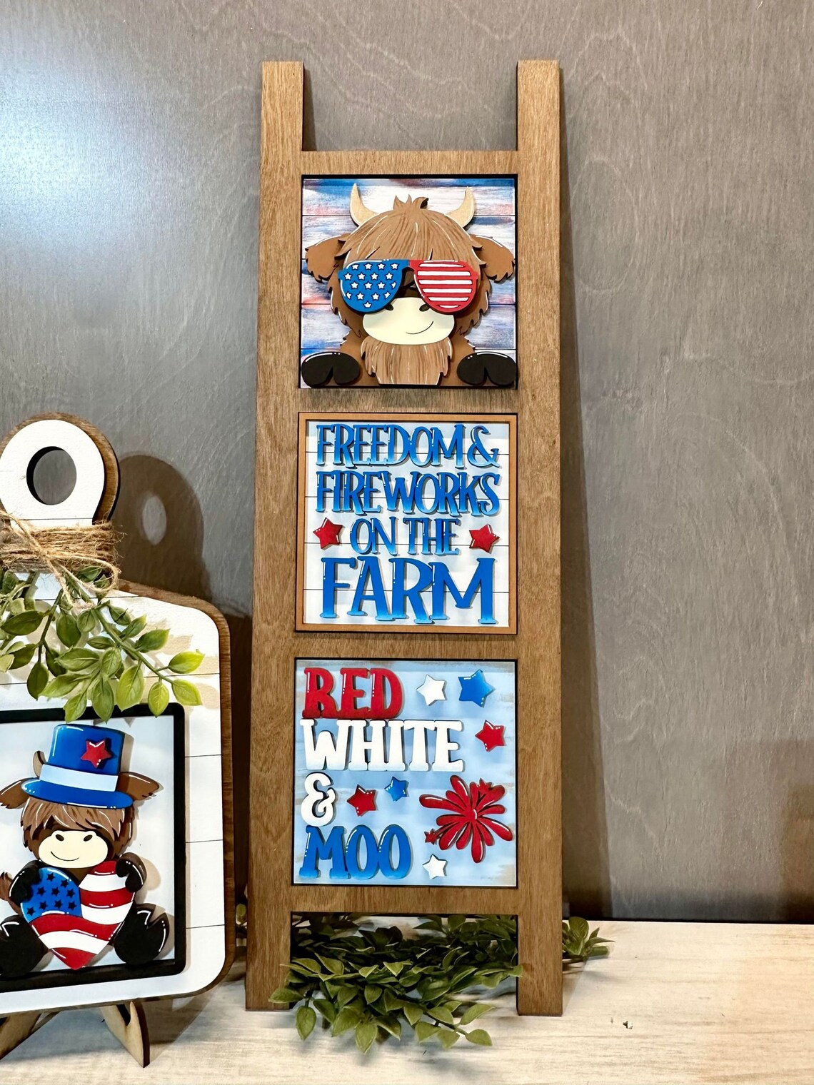 Full Size Highland Cow Fourth of July Ladder Inserts, Seasonal Decor ...
