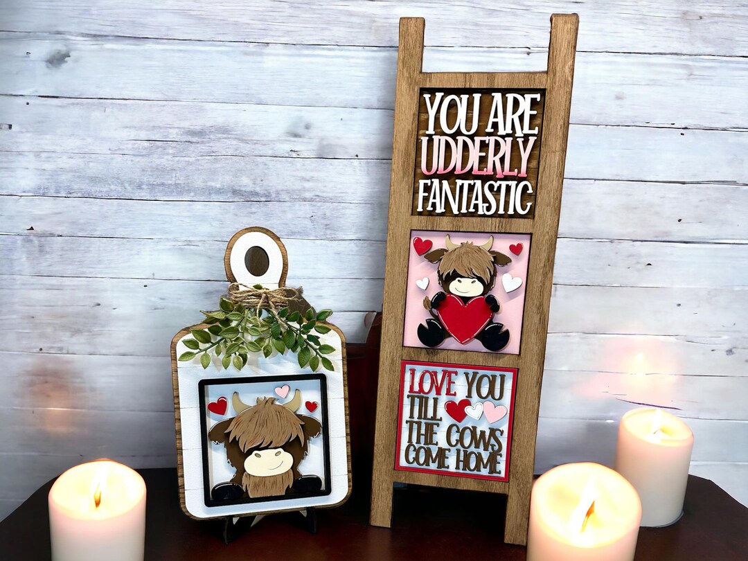 Full Size Valentine's Highland Cow Ladder Inserts, Seasonal Decor ...