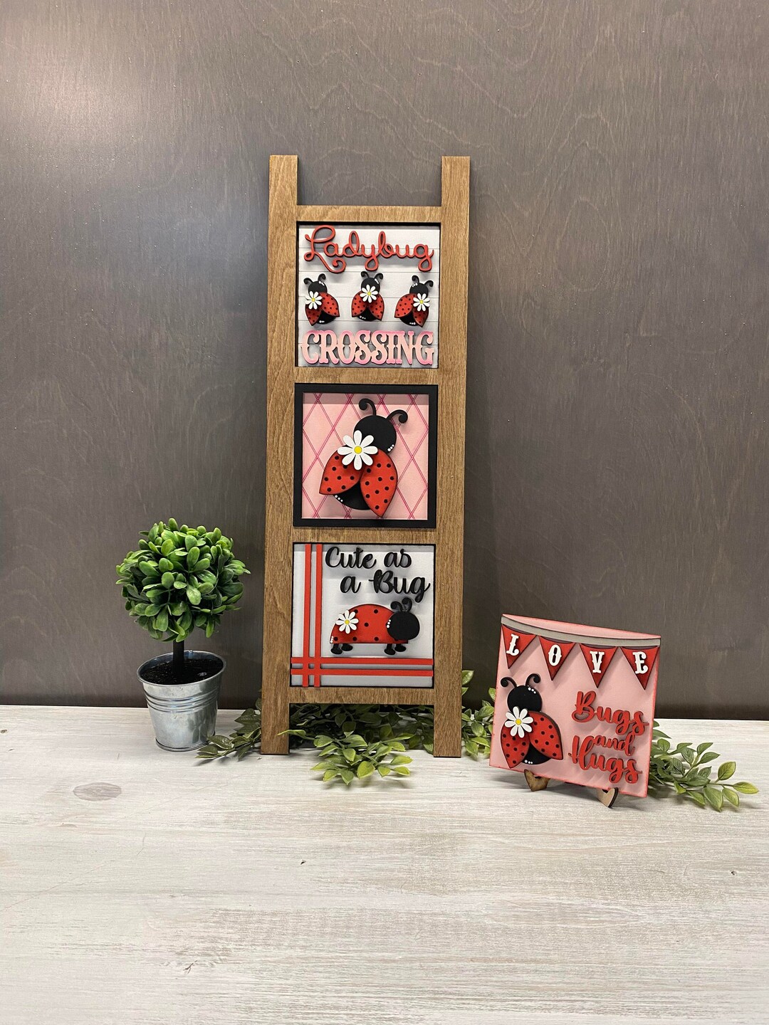 Full Size Lady Bug Leaning Ladder, Interchangeable Sign, Farmhouse ...