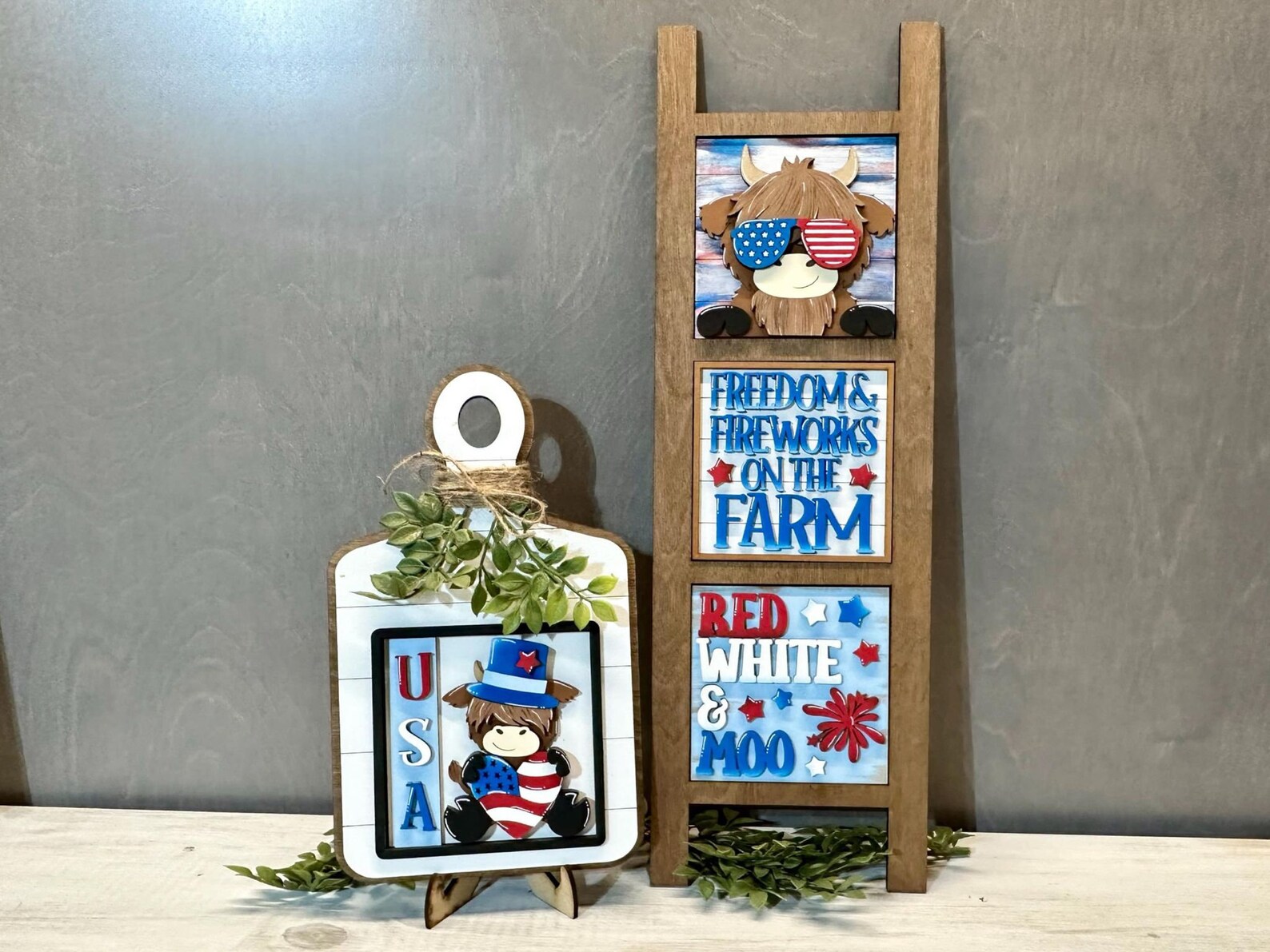 Full Size Highland Cow Fourth of July Ladder Inserts, Seasonal Decor ...