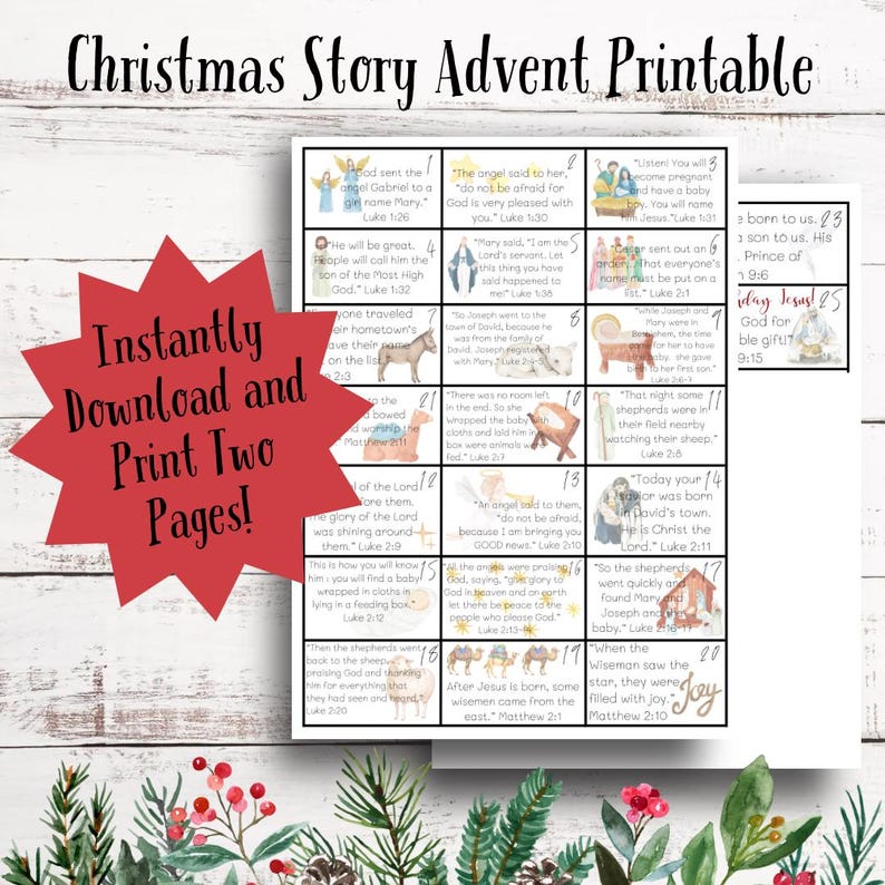 Kids Christmas Story Advent Calendar Cards: Printable Nativity Verse ...