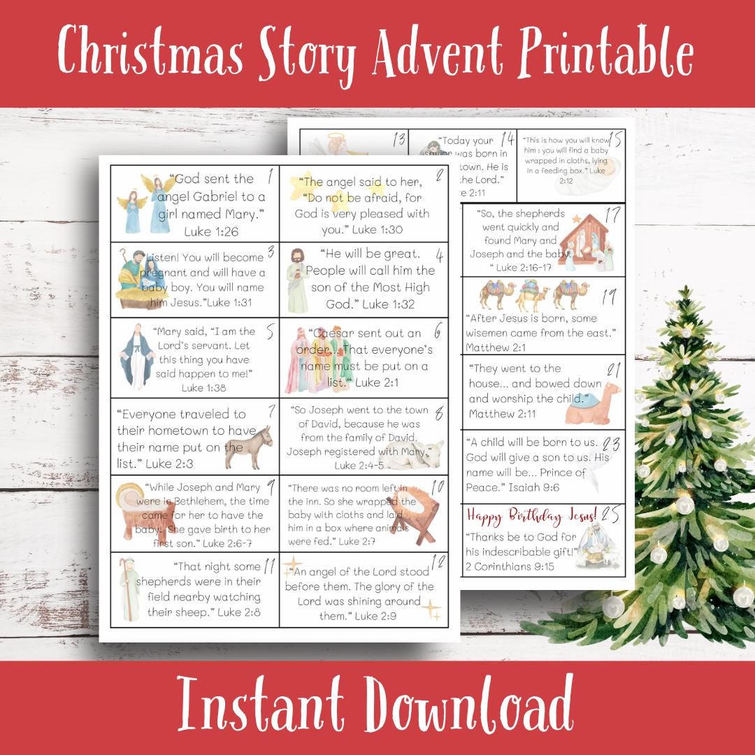 Kids Christmas Story Advent Calendar Cards: Printable Nativity Verse ...