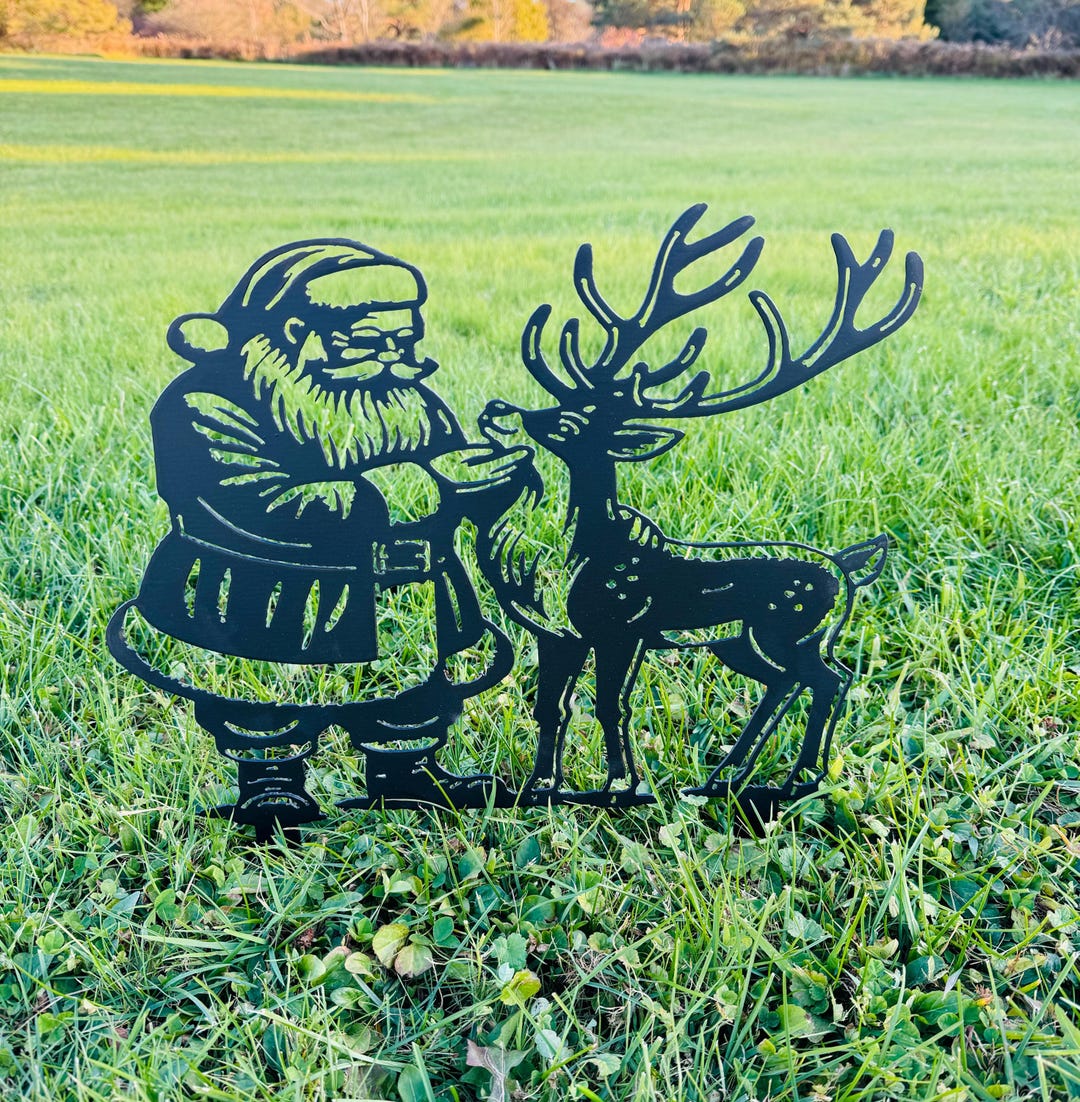Metal Reindeer Yard Stake, Metal Santa and Reindeer Garden Art, Metal ...