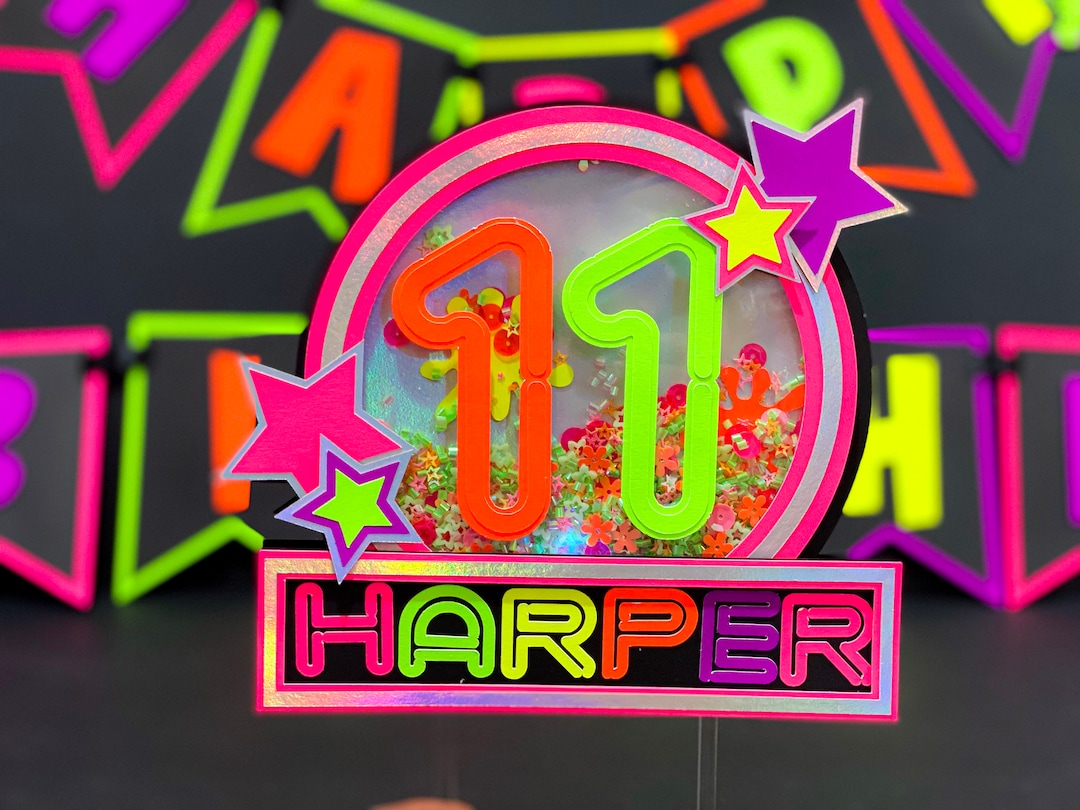 Neon Theme Cake Topper | Personalized Cake Topper | Glow in the Dark ...